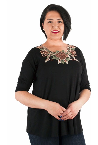 Günay Fierte Kadın Büyük Beden Bluz Ccajlan V Yaka Işleme Detay Yarım Kol Spor Basic Penye Siyah