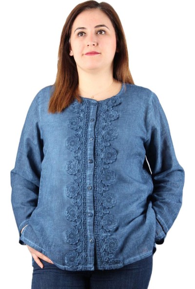 Günay Fierte Kadın Büyük Beden Gömlek MNSRB0020 Yuvarlak Yaka Pamuk Otantik Lacivert