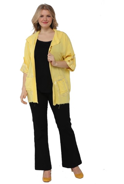 Günay Fierte Kadın Büyük Beden Ceket LM23360 Mevsimlik Kapüşon Cep Yarım Kol Salaş Spor Hırka Beyaz Sarı