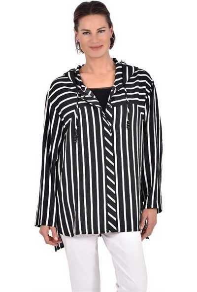 Günay Fierte Kadın Büyük Beden Mont Ccneige Kapüşon Uzun Kol Mevsimlik Çizgili Çift Cep Spor Siyah Lacivert