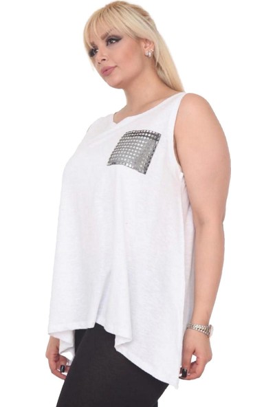 Günay Fierte Kadın Büyük Beden Bluz BK18102 Yuvarlak Yaka Kalın Askı Kolsuz Payet Cep Detay Penye Lacivert Füme Siyah Beyaz