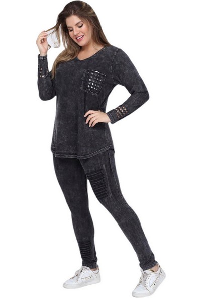 Günay Fierte Kadın Büyük Beden Tayt SWS2234 Yüksek Elastik Bel Dar Paça Spor Haki Lacivert Siyah