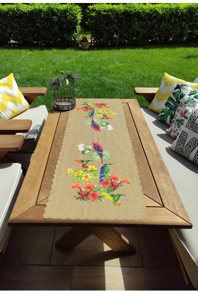 Tataroğlu Dijital Kumaş Jüt Efektli Zemin Üzerine Papağan Desenli Lazer Kesim Runner