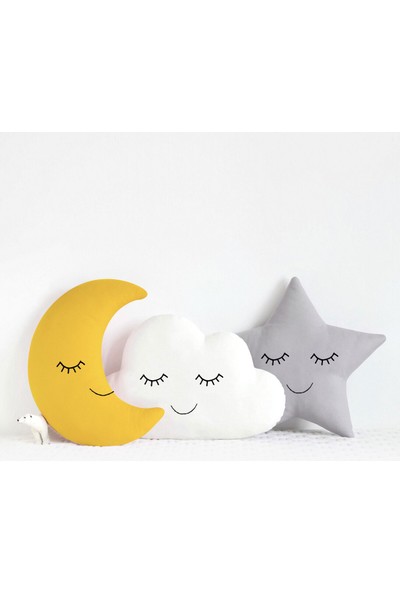 Miomundo Bebek ve Çocuk Odası Ay-Yıldız-Bulut Yastık Seti Uyku Arkadaşları Süs Yastıkları Üçlü Kombin