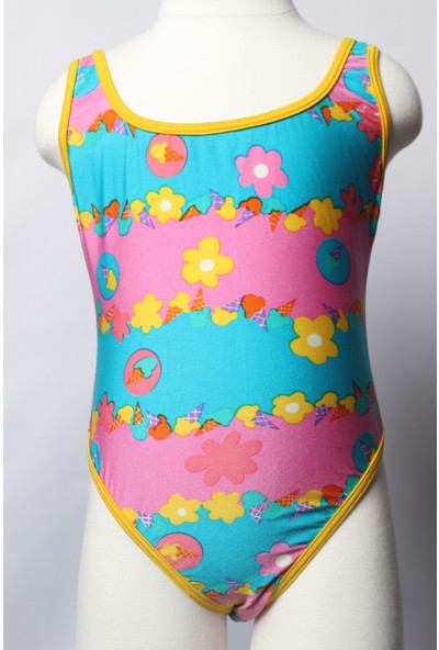 Sude Ayl Kız Çocuk Pembe - Mavi Üzeri Çiçek Desenli Askılı Empirme Mayo 45-D8