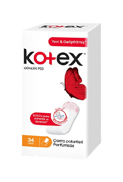 Kotex Ince Günlük Ped Parfümsüz 34'lü Kotex Ince Günlük Ped Parfümsüz 34'lü