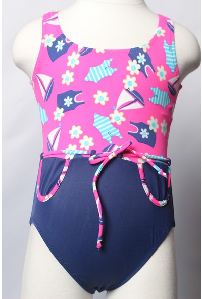 Sude Ayl Kız Çocuk Pembe Desenli Belde Kemer Bağlama Detaylı Askılı Empirme Mayo 122-42