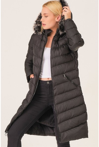 Dewberry Z6690 Dewberry Kürklü Kapşonlu Kadın Kaban-Siyah