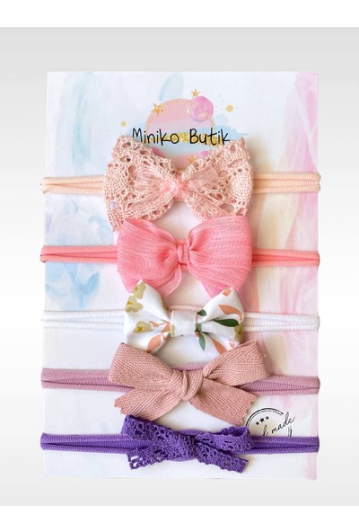 Miniko Butik kız Bebek Pembe Fiyonklu Saç Bandı Seti 5'li