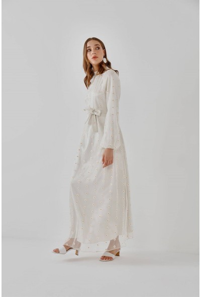 Fahhar Tül Papatya Elbise Ekru