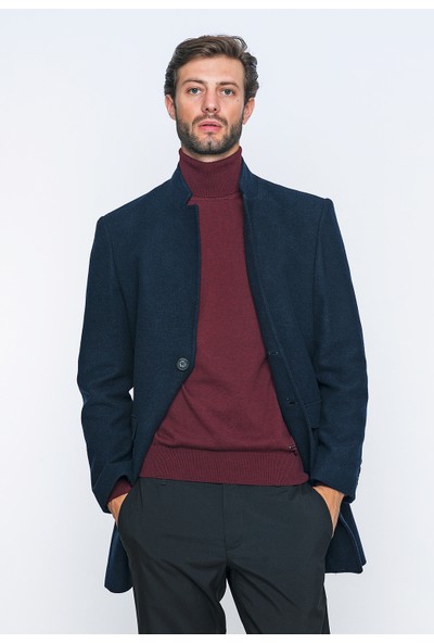 Basics&more Erkek Lacivert Dik Yaka Kaşe Mont