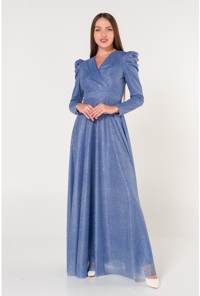 SpringStore Indigo Karpuz Kol Simli Abiye Elbise