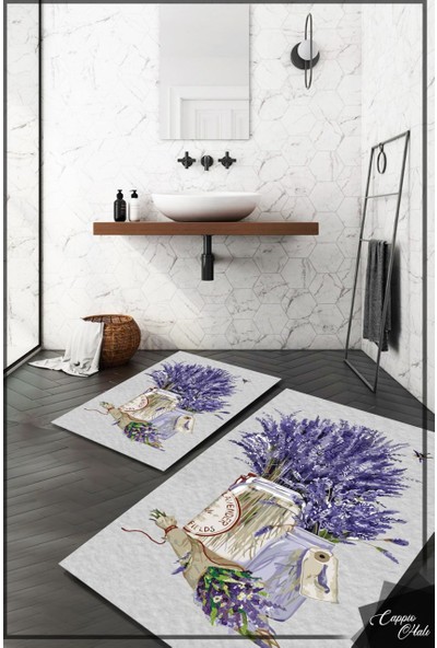 Cappio Halı Lavanta Desenli Halı 2'li Banyo Paspas Takımı (40 x 60 cm. | 60 x 100 cm.)