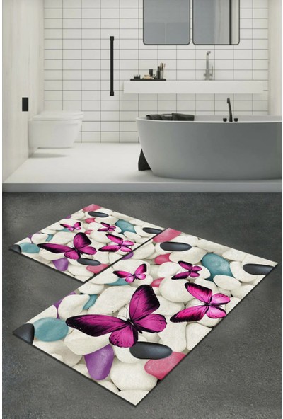 Cappio Halı Renkli Kelebek ve Taş Desenli 2'li Banyo Halı Takımı (40 x 60 cm. | 60 x 100 cm.) Cappio Halı Renkli Kelebek ve Taş Desenli 2'li Banyo Halı Takımı (40 x 60 cm. | 60 x 100 cm.)
