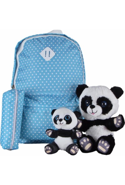 Mavi Puantiyeli Okul Çantası Panda Peluş Oyuncak Üçlü Set Mavi Puantiyeli Okul Çantası Panda Peluş Oyuncak Üçlü Set