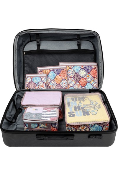 Sinerji Store Çiçek Desenli 6'lı Bavul Düzenleyici Organizer Bavul İçi Eşya Düzenleyici Fermuarlı Çanta Seti