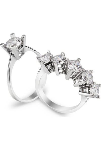 Chavin 2,5crt.Zirkon Tektaş ve Beştaş Gümüş Yüzük Kombini cs83