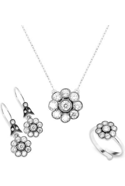 Chavin Elmas Tasarım Gümüş Kolye,Yüzük,Küpe Set cz59