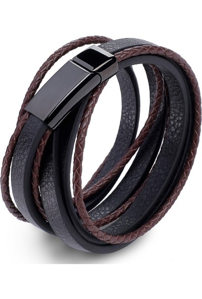 Chavin Kahvereng Deri Siyah Çelik Erkek Bileklik Dy88