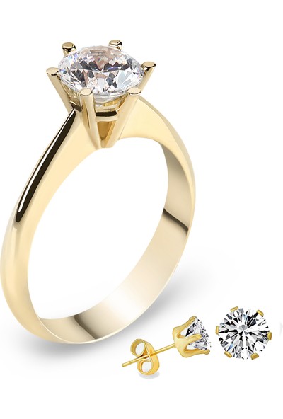 Chavin 1,25Crt. Zirkon Tektaş Gümüş Bayan Yüzük Ve Küpe Dh11Sr 12