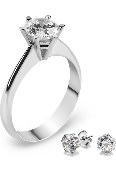 Chavin 1,25Crt. Zirkon Tektaş Gümüş Bayan Yüzük Ve Küpe Dh11By 12