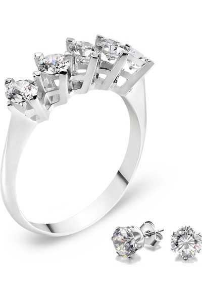 Chavin 1 Crt. Zirkon Beştaş, 5 Taş Gümüş Yüzük Ve Küpe Dh12 14