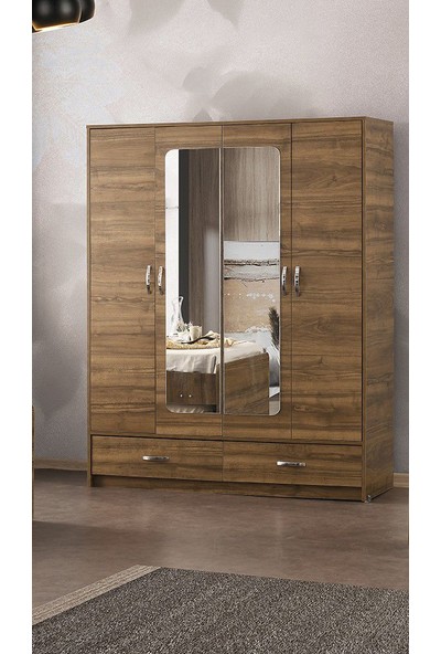 Bambinognc Ceviz 4 Kapılı Dolap Gardırop 120 cm Alttan Çekmeceli