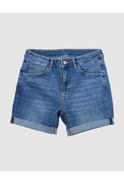 Bpm Ca Taşlama Slim Kot Şort Kadın Mavi