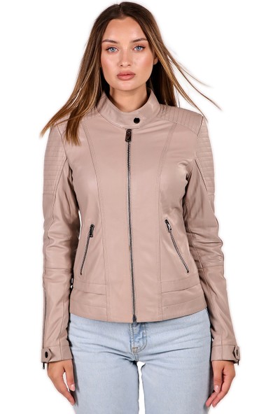 İmge Deri Deri Kadın Bej Dikiş Detaylı Fermuarlı Deri Mont