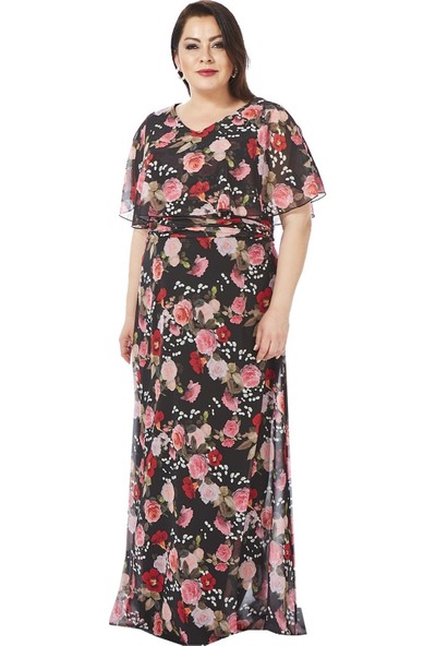 Lilas Xxl Büyük Beden Pembe Siyah Renkli Şifon Elbise