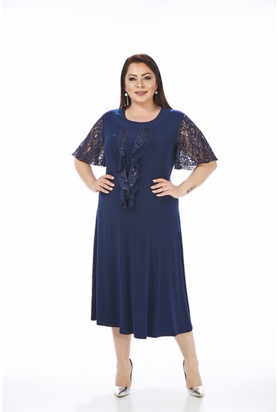 Lilas Xxl Büyük Beden Lacivert Renkli Kısa Kollu Dantel Abiye Elbise Lilas Xxl Büyük Beden Lacivert Renkli Kısa Kollu Dantel Abiye Elbise