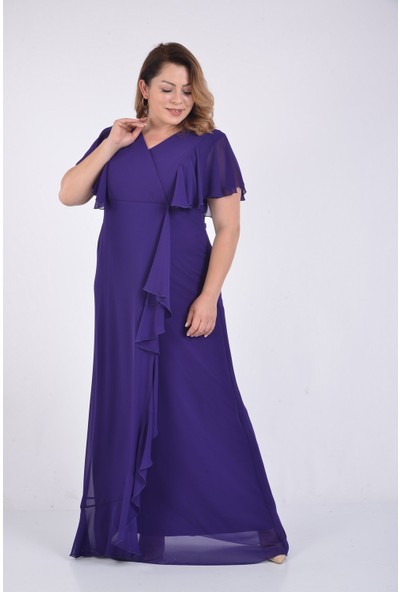 Lilas Xxl Büyük Beden Mor Renkli Kruvaze Yaka Şifon Elbise