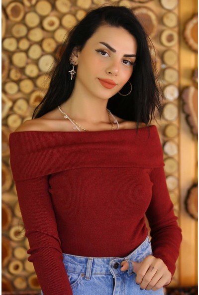 Kasheha Kadın Kırmızı Madonna Yaka Kaşkorse Uzun Kollu Kazak - KAD3325136