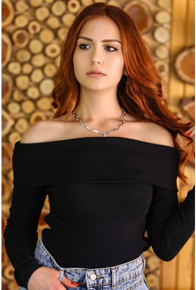 Kasheha Kadın Siyah Madonna Yaka Kaşkorse Uzun Kollu Kazak - KAD3325136