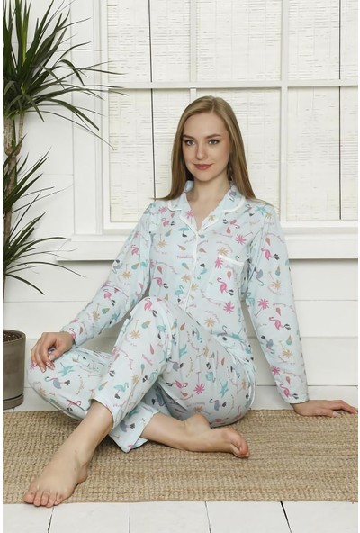 Estiva Kadın Flamingo Desenli Gömlek Yaka Pijama Takımı