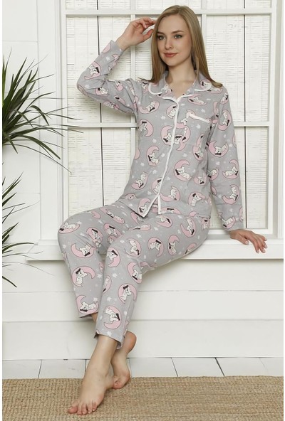 Estiva Kadın Ayıcık Desenli Gömlek Yaka Düğmeli Pijama Takımı