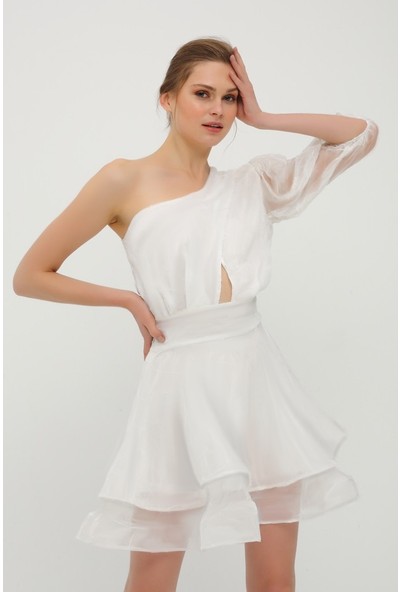 Betty & Sam Bordo Desenli Tek Kol Volanlı Elbise