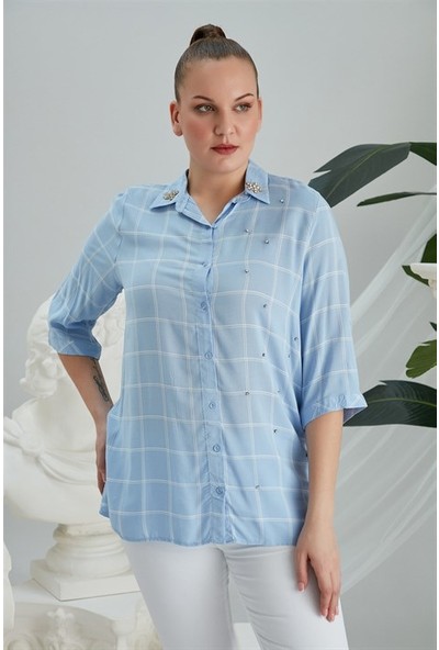 Rmg Yaka Taş Detaylı Büyük Beden Bebe Mavi Ekose Gömlek Rmg Yaka Taş Detaylı Büyük Beden Bebe Mavi Ekose Gömlek