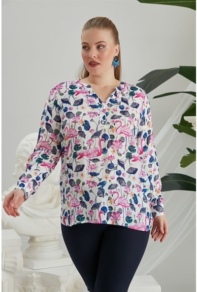 Rmg Flamingo Desenli Büyük Beden Beyaz Bluz
