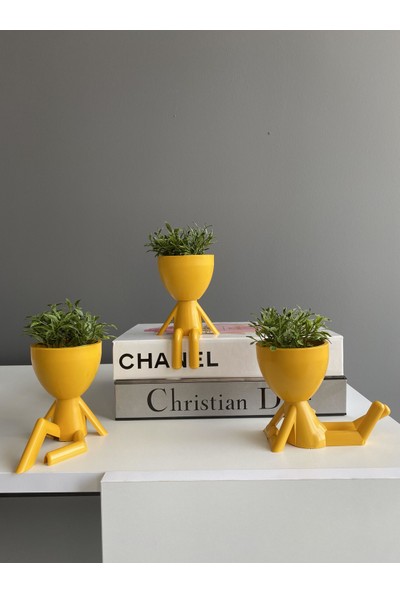 Florbar 3lü Sarı Dekoratif Insan Figürlü Yapay Çiçekli Saksı Seti