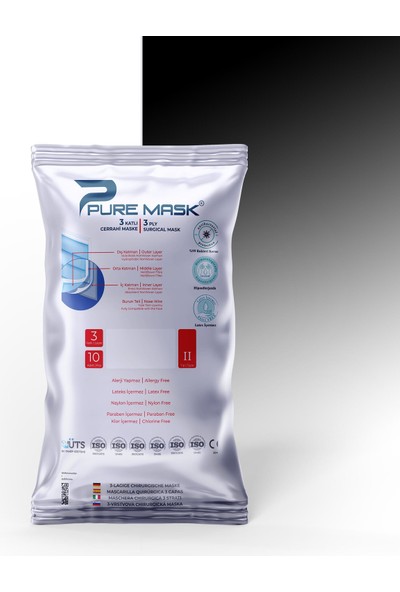 Pure Mask 50lı Siyah Meltblown Filtreli Yetişkin Cerrahi Maske, 10lu Pakettedir