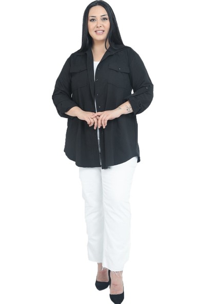 Disentis Modest Büyük Beden Gömlek Yaka Göğüsten Çift Cepli Siyah Gömlek