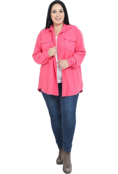 Disentis Modest Büyük Beden Gömlek Yaka Göğüsten Çift Cepli Fuşya Gömlek