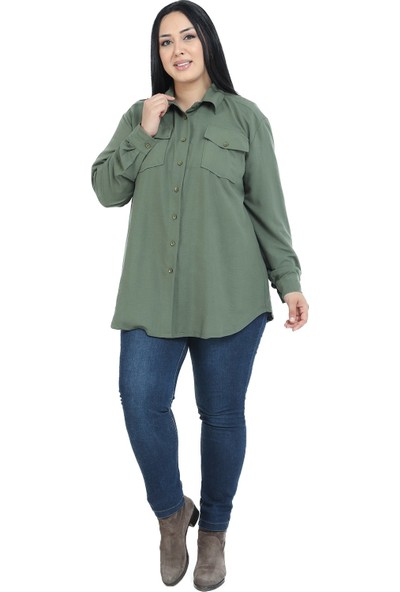 Disentis Modest Büyük Beden Gömlek Yaka Göğüsten Çift Cepli Haki Gömlek