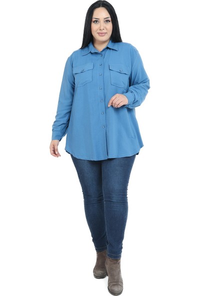 Disentis Modest Büyük Beden Gömlek Yaka Göğüsten Çift Cepli Indigo Gömlek