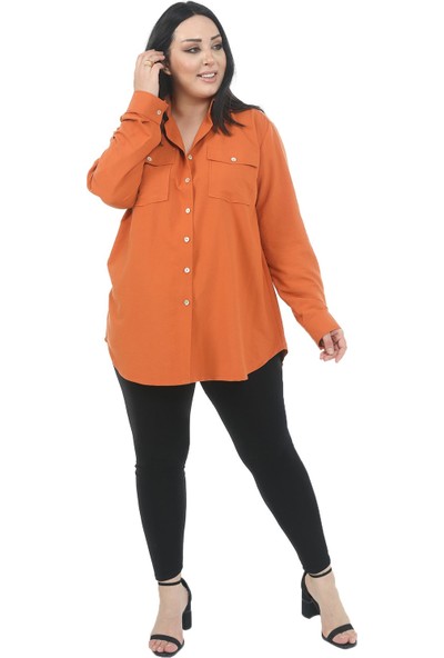 Disentis Modest Büyük Beden Gömlek Yaka Göğüsten Çift Cepli Tarçın Gömlek