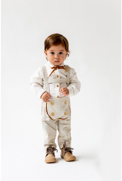 Catz Kids Krem Keten Düğmeli Salopet Gömlek Takım