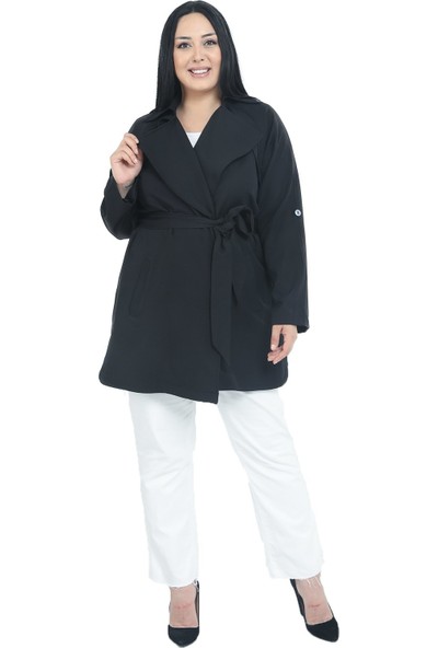 Disentis Modest Büyük Beden Mono Yaka Kendinden Kuşaklı Katlamalı Kollu Cepli Rüzgarlıklı Yandan Yırtmaçlı Siyah Ceket