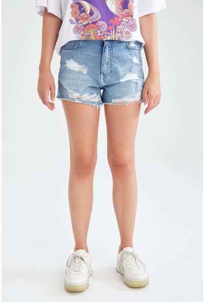 DeFacto Yüksek Bel Yırtık Detaylı Jean Mini Şort V9372AZ21HS