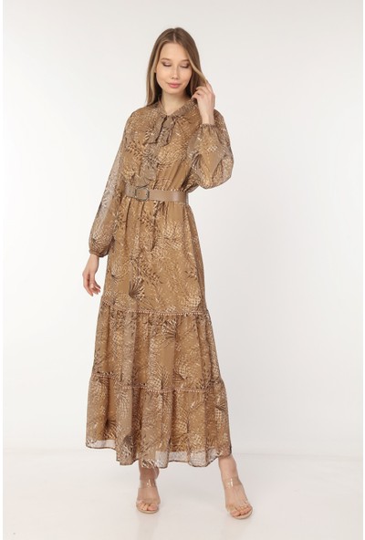 Yare Uzun Kollu Astarlı Kemerli Uzun Elbise